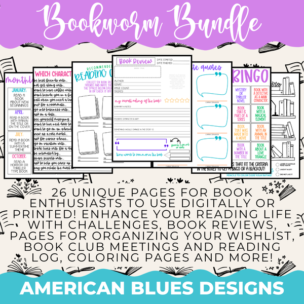 Bookworm Bundle – 26 Unique Pages for Reading Challenges, Reviews ...